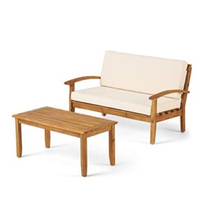 christopher knight home peyton outdoor acacia wood loveseat and coffee table set with water resistant cushions, teak finish / beige