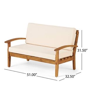 Christopher Knight Home Peyton Outdoor Acacia Wood Loveseat and Coffee Table Set with Water Resistant Cushions, Teak Finish / Beige