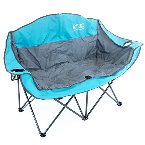 Creative Outdoor Distributor Luxury Camp Chair, Steel Frame & Polyester Fabrics, Folds Compact, Storage Bag Included (2 Person, Gray/Teal)