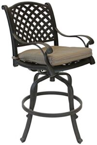 nassau outdoor patio 4 swivel barstools 30″ high cast aluminum dark bronze, walnut cushions