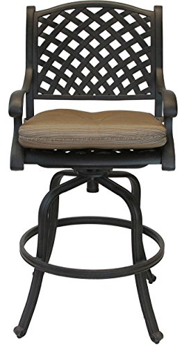 Nassau Outdoor Patio 4 Swivel Barstools 30" High Cast Aluminum Dark Bronze, Walnut Cushions