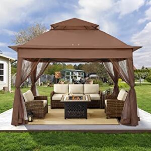 COOSHADE 11x11Ft Easy Pop Up Gazebo Tent Instant Outdoor Canopy Shelter with Mosquito Netting Walls(Brown)