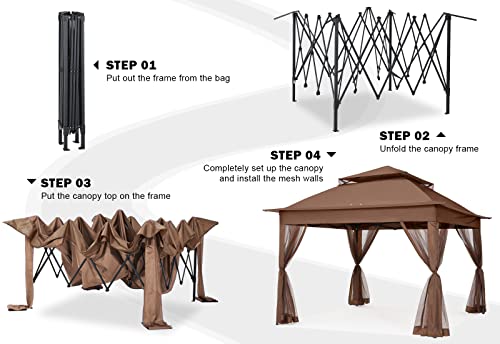 COOSHADE 11x11Ft Easy Pop Up Gazebo Tent Instant Outdoor Canopy Shelter with Mosquito Netting Walls(Brown)