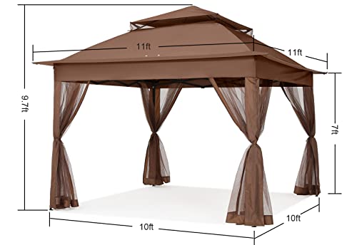 COOSHADE 11x11Ft Easy Pop Up Gazebo Tent Instant Outdoor Canopy Shelter with Mosquito Netting Walls(Brown)