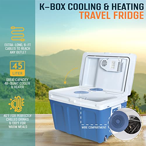 K-box Electric Cooler and Warmer with Wheels for Car and Home - 48 Quart (45 Liter) - 6 FT. EXTRA Long Cables Dual 110V AC House and 12V DC Vehicle Plugs (Blue)