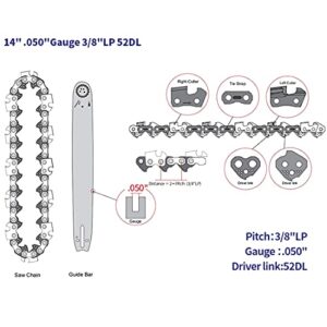 Abroman 2 Pack S52 AdvanceCut 14-Inch Chainsaw Chain 3/8 LP .050" 52 Drive Links Compatible with Craftsman Poulan Ryobi Portland Harbor Freight 64497 64498 Homelite Echo Greenworks SWJ699E Sun Joe Saw