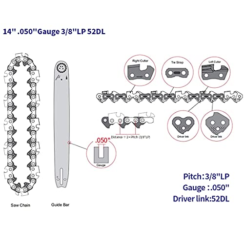 Abroman 2 Pack S52 AdvanceCut 14-Inch Chainsaw Chain 3/8 LP .050" 52 Drive Links Compatible with Craftsman Poulan Ryobi Portland Harbor Freight 64497 64498 Homelite Echo Greenworks SWJ699E Sun Joe Saw