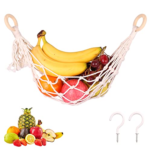 Macrame Fruit Hammock with Hooks - Hanging Fruit Hammock for Kitchen Under Cabinet Handwoven Veggie Banana Hammock for Kitchen Décor