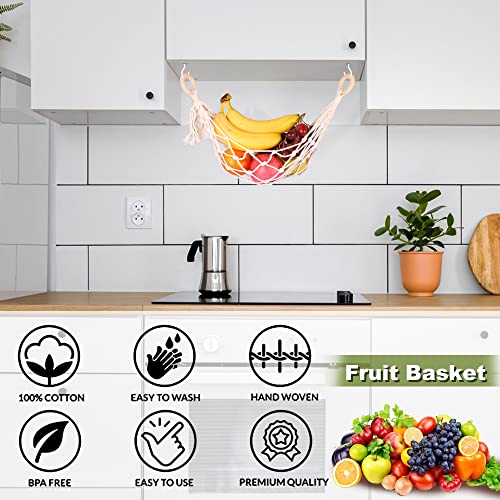 Macrame Fruit Hammock with Hooks - Hanging Fruit Hammock for Kitchen Under Cabinet Handwoven Veggie Banana Hammock for Kitchen Décor