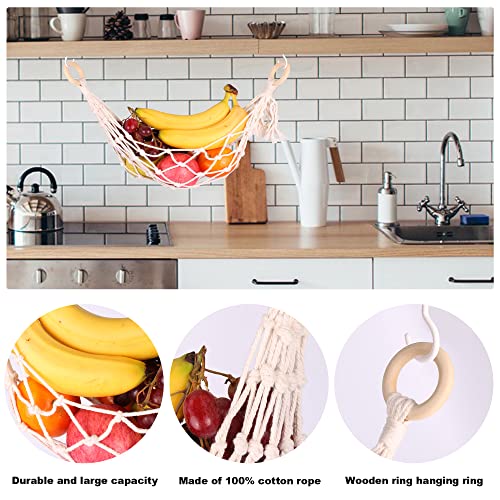 Macrame Fruit Hammock with Hooks - Hanging Fruit Hammock for Kitchen Under Cabinet Handwoven Veggie Banana Hammock for Kitchen Décor