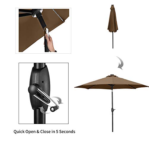 Klismos 10 FT Patio Umbrella with Lights Outdoor Table Market Umbrella with Tilt & Crank,8 Sturdy Ribs (Coffee)