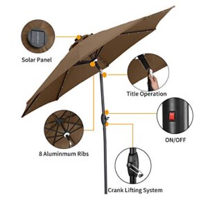 Klismos 10 FT Patio Umbrella with Lights Outdoor Table Market Umbrella with Tilt & Crank,8 Sturdy Ribs (Coffee)