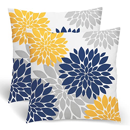 Navy Blue Yellow Pillow Covers 20x20 Inch 2 Pcs, Spring Summer Geometric Elegant Dahlia Decorative Throw Pillows, Flower Outdoor Decor Pillowcase Linen Square Cushion Cover Gift for Patio Couch Sofa