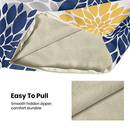 Navy Blue Yellow Pillow Covers 20x20 Inch 2 Pcs, Spring Summer Geometric Elegant Dahlia Decorative Throw Pillows, Flower Outdoor Decor Pillowcase Linen Square Cushion Cover Gift for Patio Couch Sofa