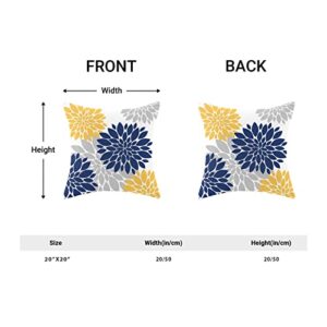 Navy Blue Yellow Pillow Covers 20x20 Inch 2 Pcs, Spring Summer Geometric Elegant Dahlia Decorative Throw Pillows, Flower Outdoor Decor Pillowcase Linen Square Cushion Cover Gift for Patio Couch Sofa