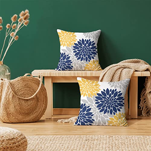 Navy Blue Yellow Pillow Covers 20x20 Inch 2 Pcs, Spring Summer Geometric Elegant Dahlia Decorative Throw Pillows, Flower Outdoor Decor Pillowcase Linen Square Cushion Cover Gift for Patio Couch Sofa