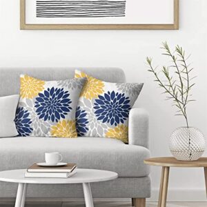 Navy Blue Yellow Pillow Covers 20x20 Inch 2 Pcs, Spring Summer Geometric Elegant Dahlia Decorative Throw Pillows, Flower Outdoor Decor Pillowcase Linen Square Cushion Cover Gift for Patio Couch Sofa