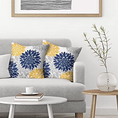 Navy Blue Yellow Pillow Covers 20x20 Inch 2 Pcs, Spring Summer Geometric Elegant Dahlia Decorative Throw Pillows, Flower Outdoor Decor Pillowcase Linen Square Cushion Cover Gift for Patio Couch Sofa