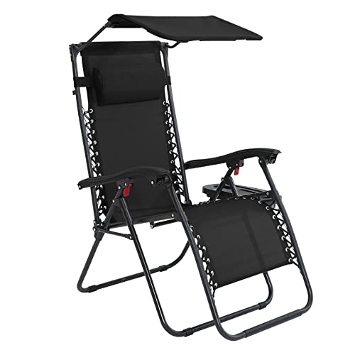 ABCCANOPY Zero Gravity Chair Adjustable Folding Reclining Patio Chair, Lounge Chair with Canopy, Removable Pillow and Cup Holder, (Black)