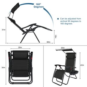 ABCCANOPY Zero Gravity Chair Adjustable Folding Reclining Patio Chair, Lounge Chair with Canopy, Removable Pillow and Cup Holder, (Black)