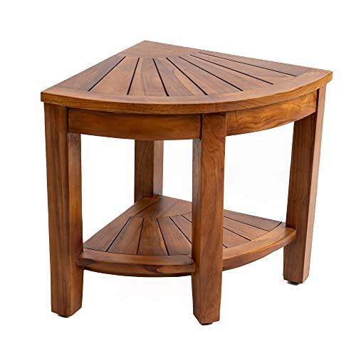 The Teaky Hut Teak Wood Water-Resistant Corner Bench - with Shelf, 17 Inch, Wooden Seat Stool for Bathroom, Spa, Patio, Fully Assembled