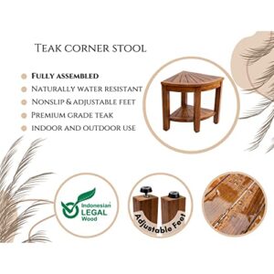 The Teaky Hut Teak Wood Water-Resistant Corner Bench - with Shelf, 17 Inch, Wooden Seat Stool for Bathroom, Spa, Patio, Fully Assembled