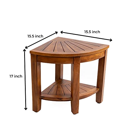 The Teaky Hut Teak Wood Water-Resistant Corner Bench - with Shelf, 17 Inch, Wooden Seat Stool for Bathroom, Spa, Patio, Fully Assembled