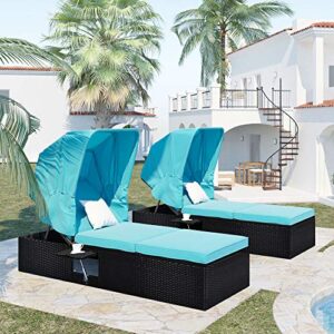 merax chaise lounge chair with adjustable canopy, outdoor reclining chaise with cushions & flip-up table, patio pe rattan wicker sun lounger for poolside (blue chaise x 2)