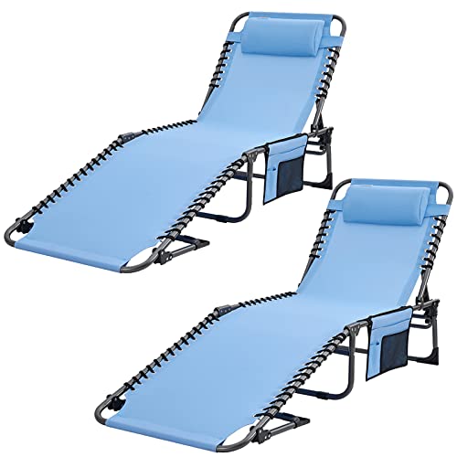 #WEJOY 2 Pack Outdoor Folding Camping Chaise Lounge Chair Portable Beach Lounge Chair Outdoor Folding Lounge Chairs Sets of 2 Adjustable 4-Position with Pillow, Patio, Lawn, Beach, Pool, Sunbath, Blue