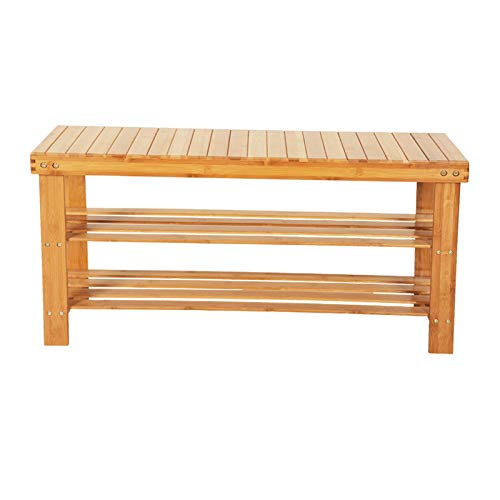 Lestar Spa Sauna Shower Patio Bench Stool with Strip Pattern 3 Tiers Storage Shelves Stand Organizer, Natural Bamboo Wood Bathing Benches Shoe Rack, Size 35.5"(W) x 11"(D) x 18"(H)