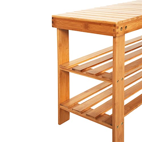 Lestar Spa Sauna Shower Patio Bench Stool with Strip Pattern 3 Tiers Storage Shelves Stand Organizer, Natural Bamboo Wood Bathing Benches Shoe Rack, Size 35.5"(W) x 11"(D) x 18"(H)