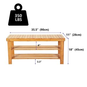 Lestar Spa Sauna Shower Patio Bench Stool with Strip Pattern 3 Tiers Storage Shelves Stand Organizer, Natural Bamboo Wood Bathing Benches Shoe Rack, Size 35.5"(W) x 11"(D) x 18"(H)