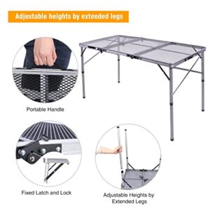 Lineslife Folding Grill Table for Camping, Portable Lightweight Aluminum Metal Grill Table for Outdoor Cooking BBQ Picnic with Adjustable Heights Legs, Silver 48x24 Inches