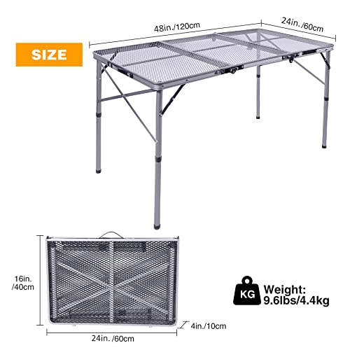 Lineslife Folding Grill Table for Camping, Portable Lightweight Aluminum Metal Grill Table for Outdoor Cooking BBQ Picnic with Adjustable Heights Legs, Silver 48x24 Inches