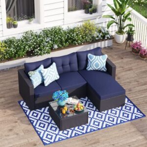 PHI VILLA Patio Sofa Set,3 Pieces All-Weather Upgrade Wicker Outdoor Sectional Sofa,L-Shaped Small Patio Conversation Furniture Set with Cushion and Coffee Table(Navy Blue)