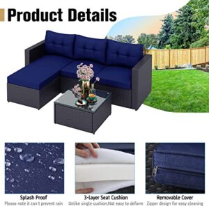 PHI VILLA Patio Sofa Set,3 Pieces All-Weather Upgrade Wicker Outdoor Sectional Sofa,L-Shaped Small Patio Conversation Furniture Set with Cushion and Coffee Table(Navy Blue)