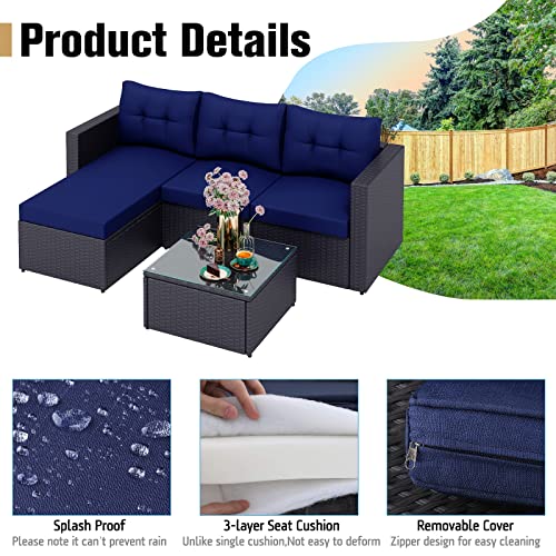 PHI VILLA Patio Sofa Set,3 Pieces All-Weather Upgrade Wicker Outdoor Sectional Sofa,L-Shaped Small Patio Conversation Furniture Set with Cushion and Coffee Table(Navy Blue)