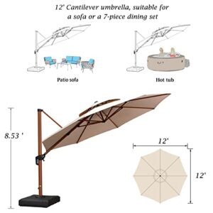 PURPLE LEAF 12ft Patio Umbrella Outdoor Round Umbrella Large Cantilever Umbrella Windproof Offset Umbrella Heavy Duty Sun Umbrella for Garden Deck Pool Patio, Beige