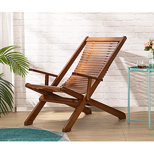 AbocoFur Bamboo Folding Lounge Chair, Indoor&Outdoor Lazy Recliner with Armrest, Home Zero Gravity Chair for Lunch Break, Portable Chaise for Patio, Balcony, Walnut