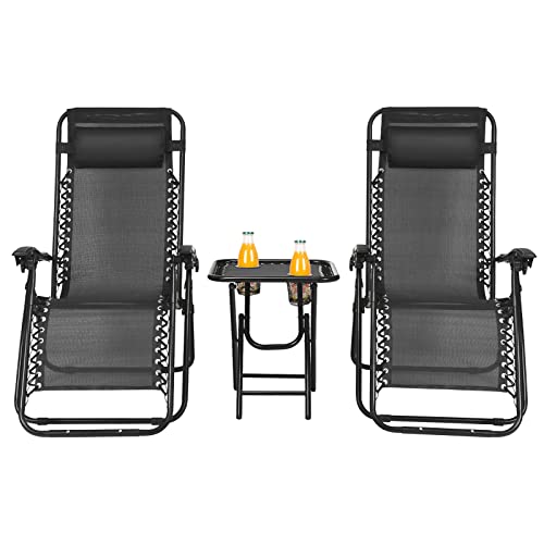 HAPPYGRILL Zero Gravity Lounge Chairs Set with Coffee Table, Folding Reclining Chairs with Side Table and Pillow, 3 Pieces Adjustable Patio Lawn Recliner Set for Outdoor Garden Camp Travel