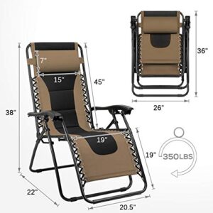 Devoko Patio Zero Gravity Chair Outdoor Oversize Padded Recliner Lounge Chair with Adjustable Headrest 300 lbs for Lawn Beach Poolside (Brown)