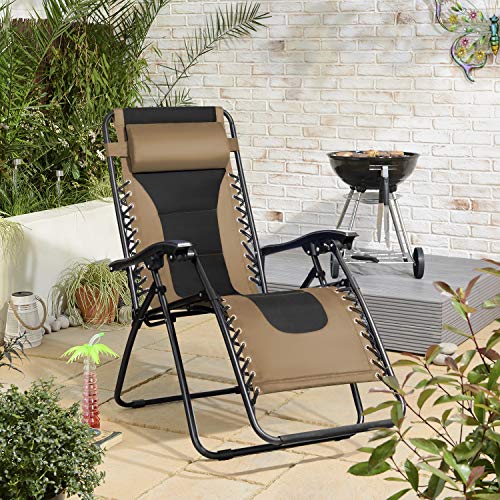 Devoko Patio Zero Gravity Chair Outdoor Oversize Padded Recliner Lounge Chair with Adjustable Headrest 300 lbs for Lawn Beach Poolside (Brown)