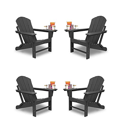 FOOWIN Adirondack Chair Set of 4, Lounge Chair w/4 in 1 Cup Holder Trays, Folding Patio Chairs Weather Resistant, Fire Pit Chair for Deck, Garden, Backyard & Lawn Furniture (Set of 4, Black)