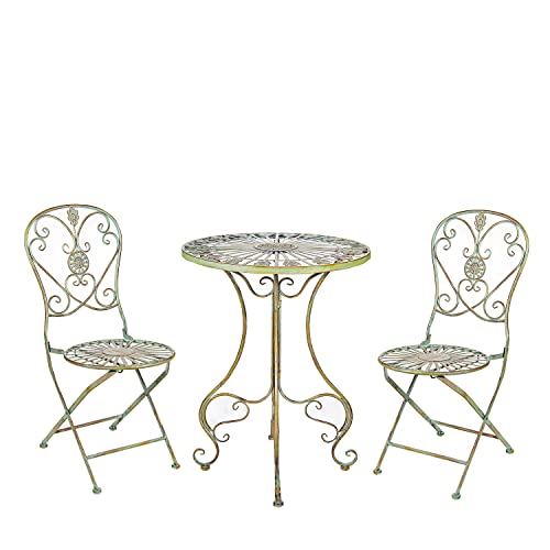 Sungmor Indoor Outdoor Bistro Chair, Garden Patio Balcony Metal Chair Furniture, Two Piece Antique Green 15.8D*36.6H Chairs, Decorative Pretty Chair with Rustic Style and Unique Pattern