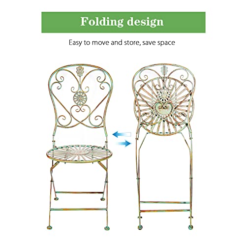 Sungmor Indoor Outdoor Bistro Chair, Garden Patio Balcony Metal Chair Furniture, Two Piece Antique Green 15.8D*36.6H Chairs, Decorative Pretty Chair with Rustic Style and Unique Pattern