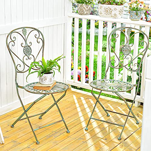 Sungmor Indoor Outdoor Bistro Chair, Garden Patio Balcony Metal Chair Furniture, Two Piece Antique Green 15.8D*36.6H Chairs, Decorative Pretty Chair with Rustic Style and Unique Pattern