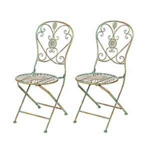 Sungmor Indoor Outdoor Bistro Chair, Garden Patio Balcony Metal Chair Furniture, Two Piece Antique Green 15.8D*36.6H Chairs, Decorative Pretty Chair with Rustic Style and Unique Pattern