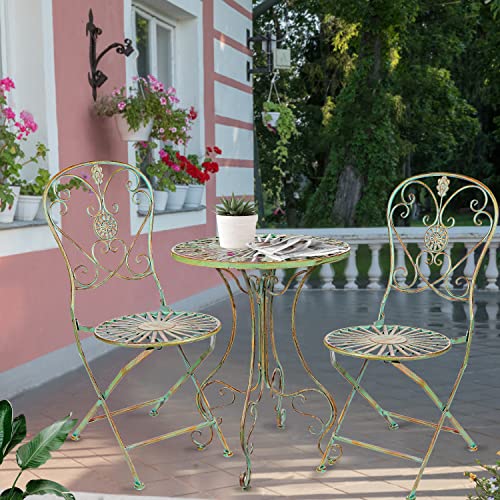 Sungmor Indoor Outdoor Bistro Chair, Garden Patio Balcony Metal Chair Furniture, Two Piece Antique Green 15.8D*36.6H Chairs, Decorative Pretty Chair with Rustic Style and Unique Pattern