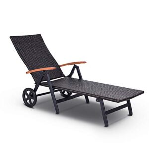 tangkula wicker chaise folding back adjustable aluminum rattan lounger recliner chair w/wheels (mix brown)