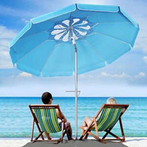 portable beach umbrella for sand: 7ft arc length 6.5ft diameter outdoor umbrella with anchor heavy duty and adjustable tilt pole – uv 50+ windproof beach umbrella with carry bag for beach, patio, garden, dark blue leaves